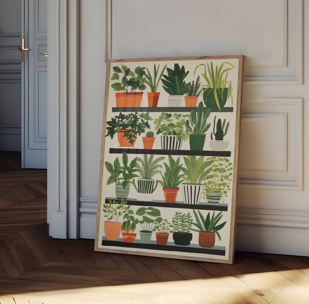 Houseplants Print, Plant Pot Print, Plants on a Shelf, Botanical Print ...