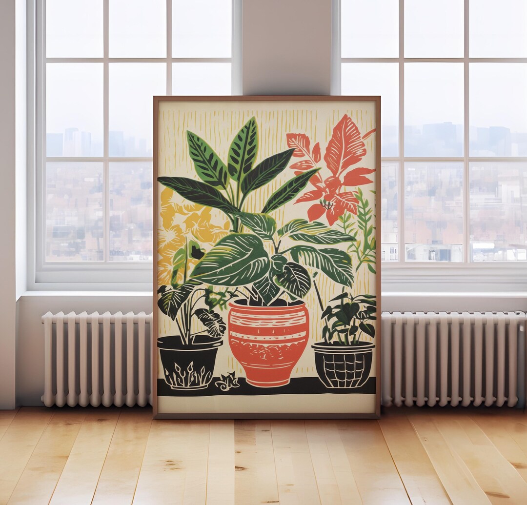 Garden Poster, Botanical Illustration, Vintage Plant in Pots Painting ...