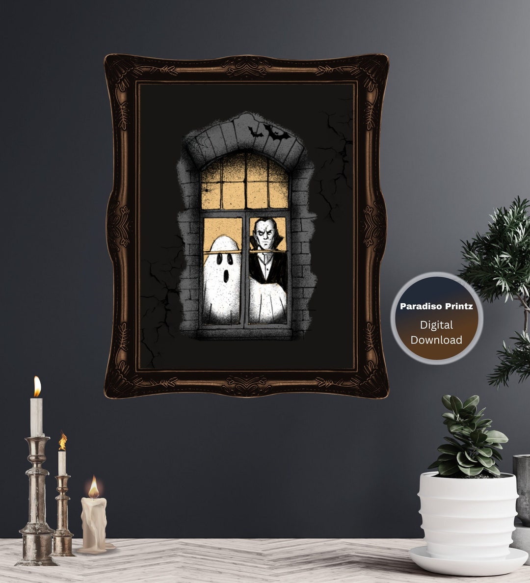 Spooky Ghost Vampire Halloween Digital Print, Halloween Wall Decor ...