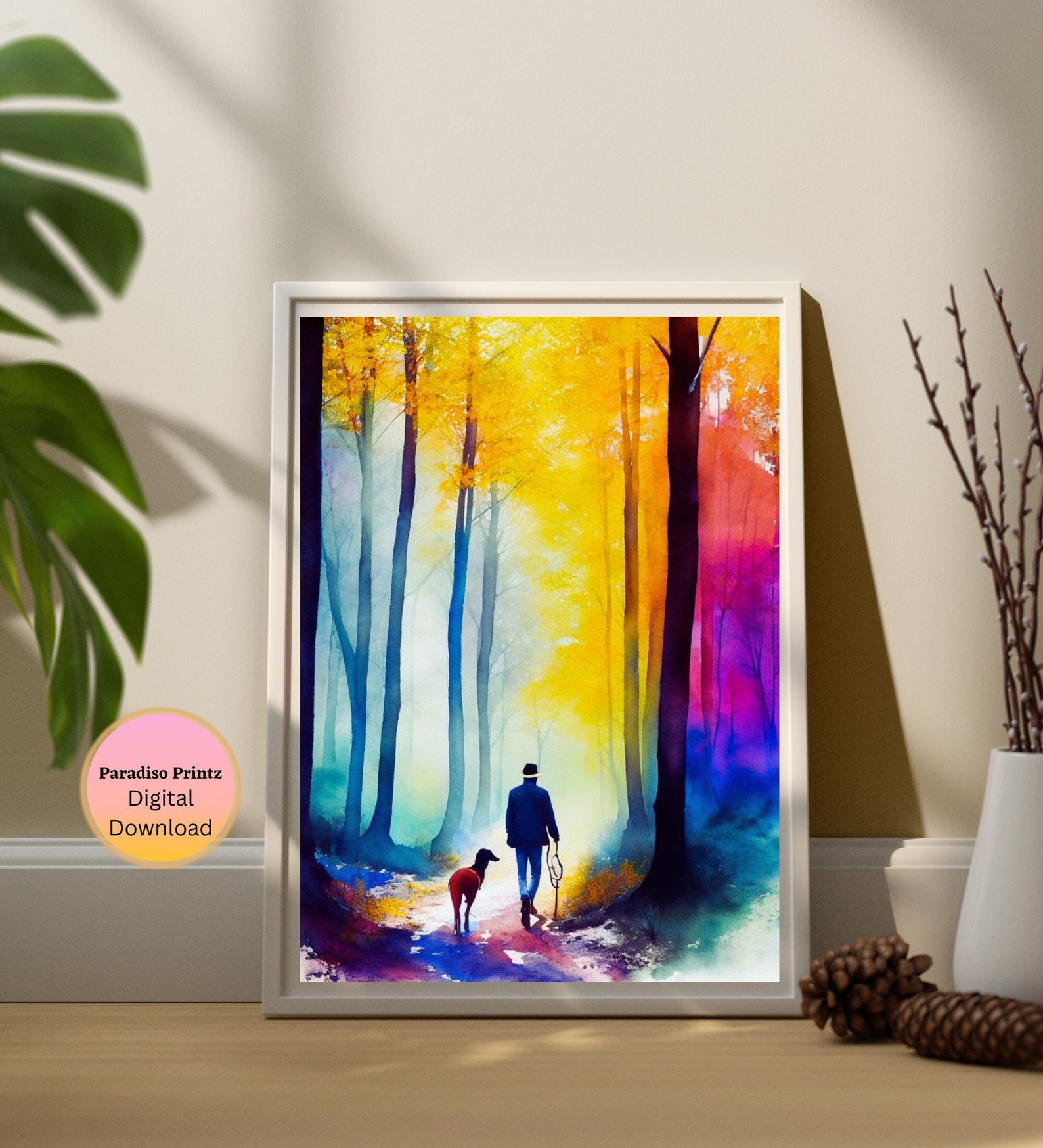 Colorful Enchanting Forest Scenery Wall Art | Man and Dog Wandering ...