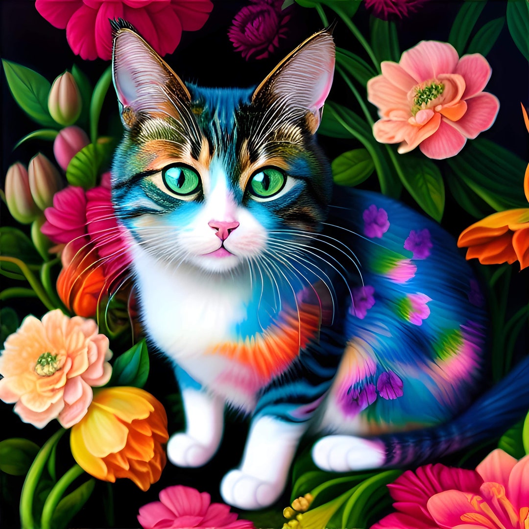 Floral Cat Clip Art,digital Colorful Flower Cat Clip Art,summer Flower ...