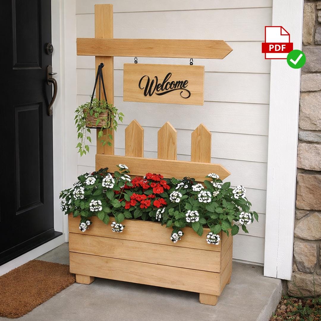 Diy Welcome Planter Plan Pdf Porch Sign Stand With Flower Box