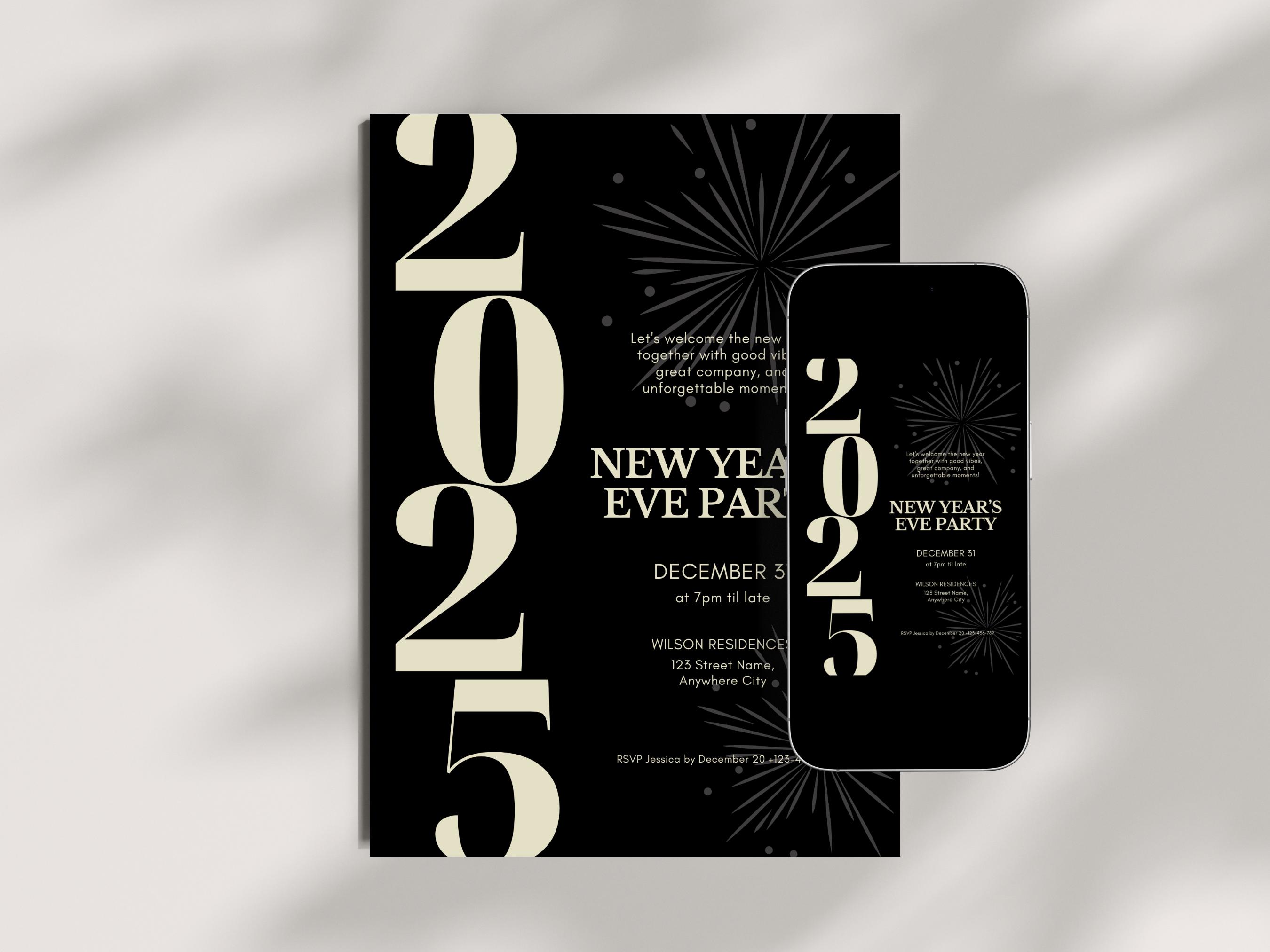 Digital 2025 NYE Party Invite Template, Editable New Years Eve ...