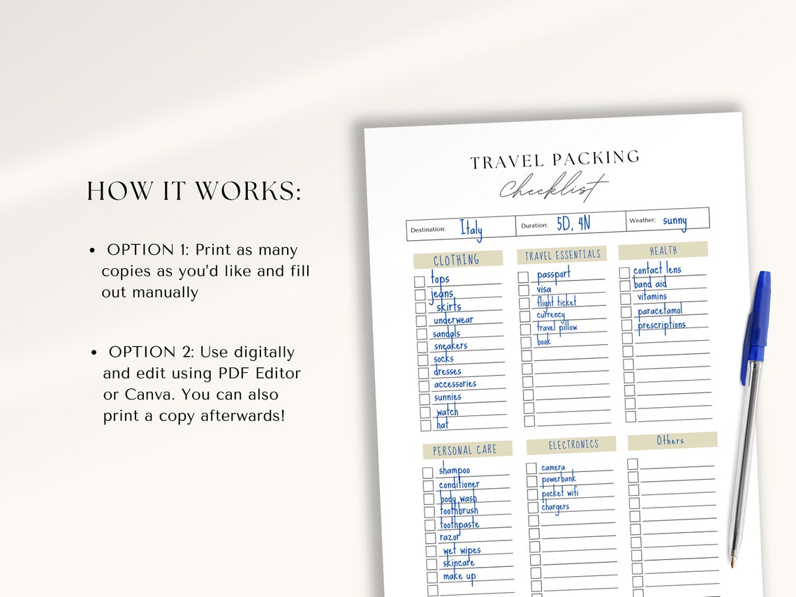 Travel Packing Checklist Packing List Printable Travel - Etsy
