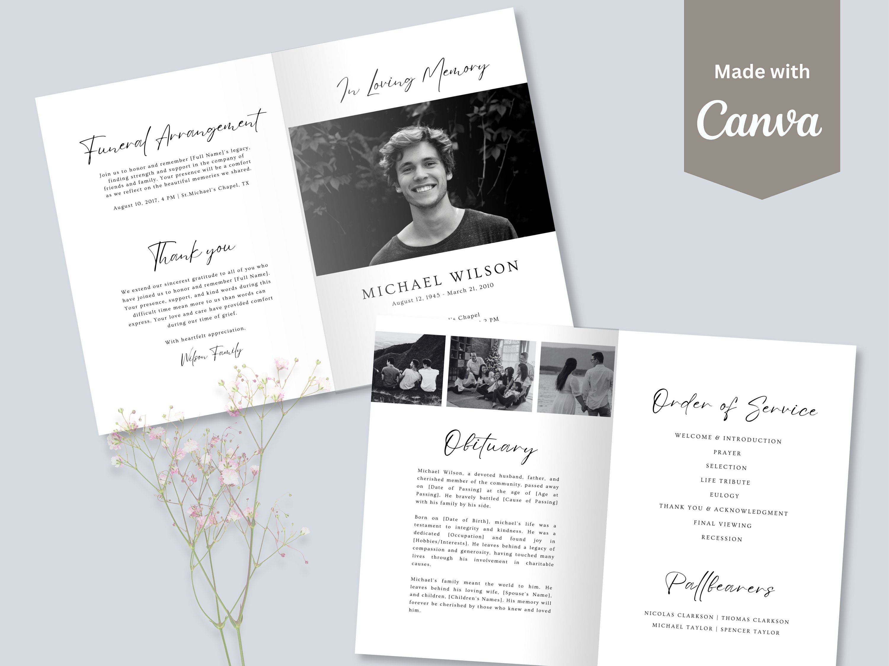 Simple Funeral Program Template, Minimalist Memorial Service, Printable ...