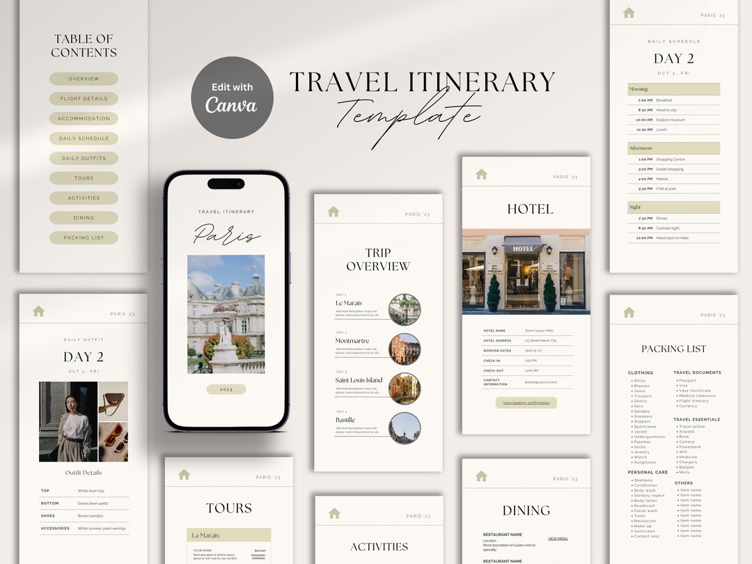 Travel Itinerary Template, Mobile Trip Itinerary, Printable Travel ...