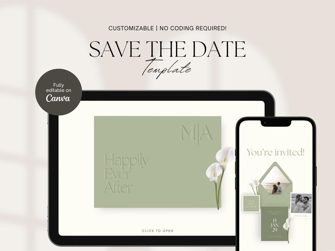 Animated Wedding Save the Date Website Template: Elegant Sage Green ...