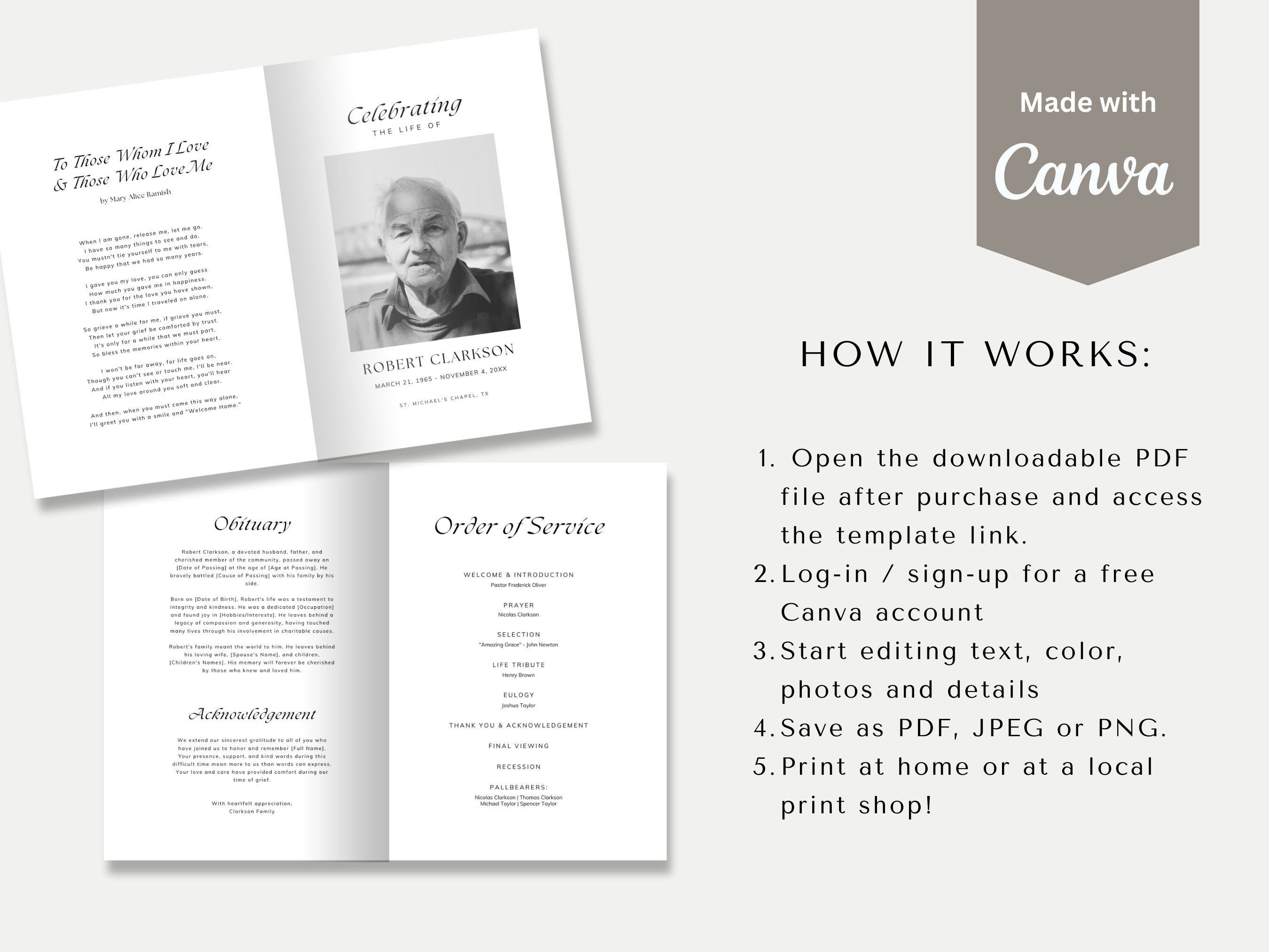 Editable Funeral Program Template Printable Funeral Template - Etsy