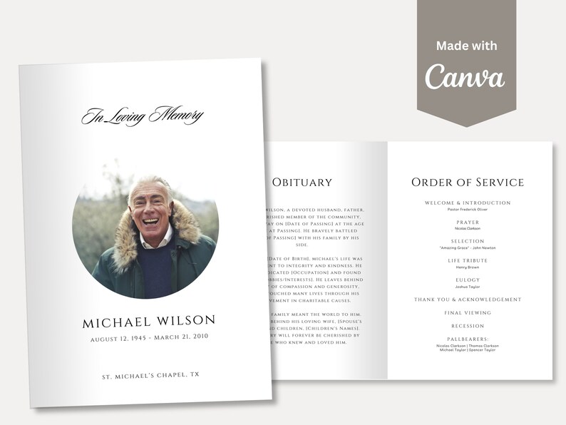 Simple Funeral Program Template Editable Black and White - Etsy