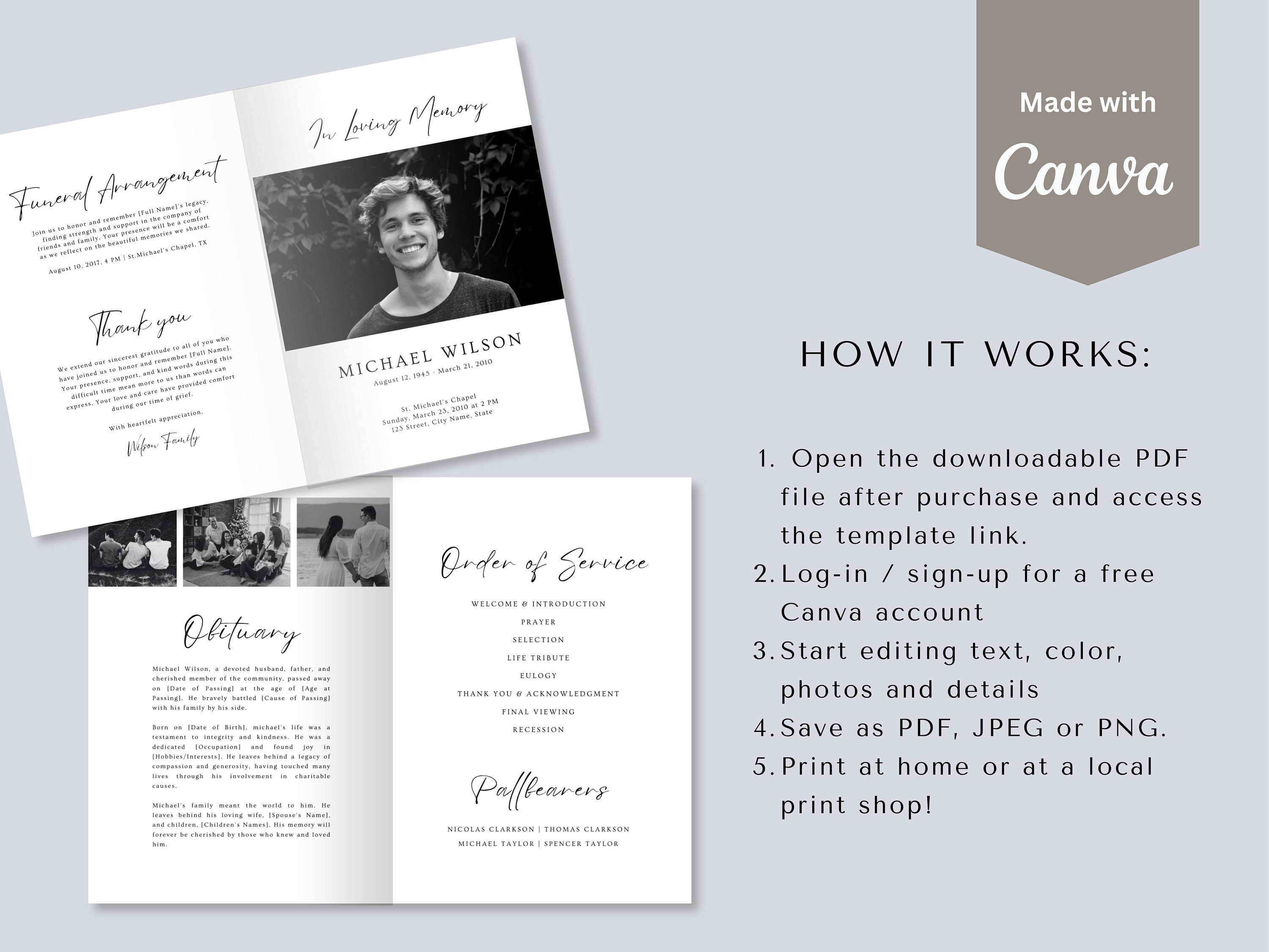 Simple Funeral Program Template, Minimalist Memorial Service, Printable ...