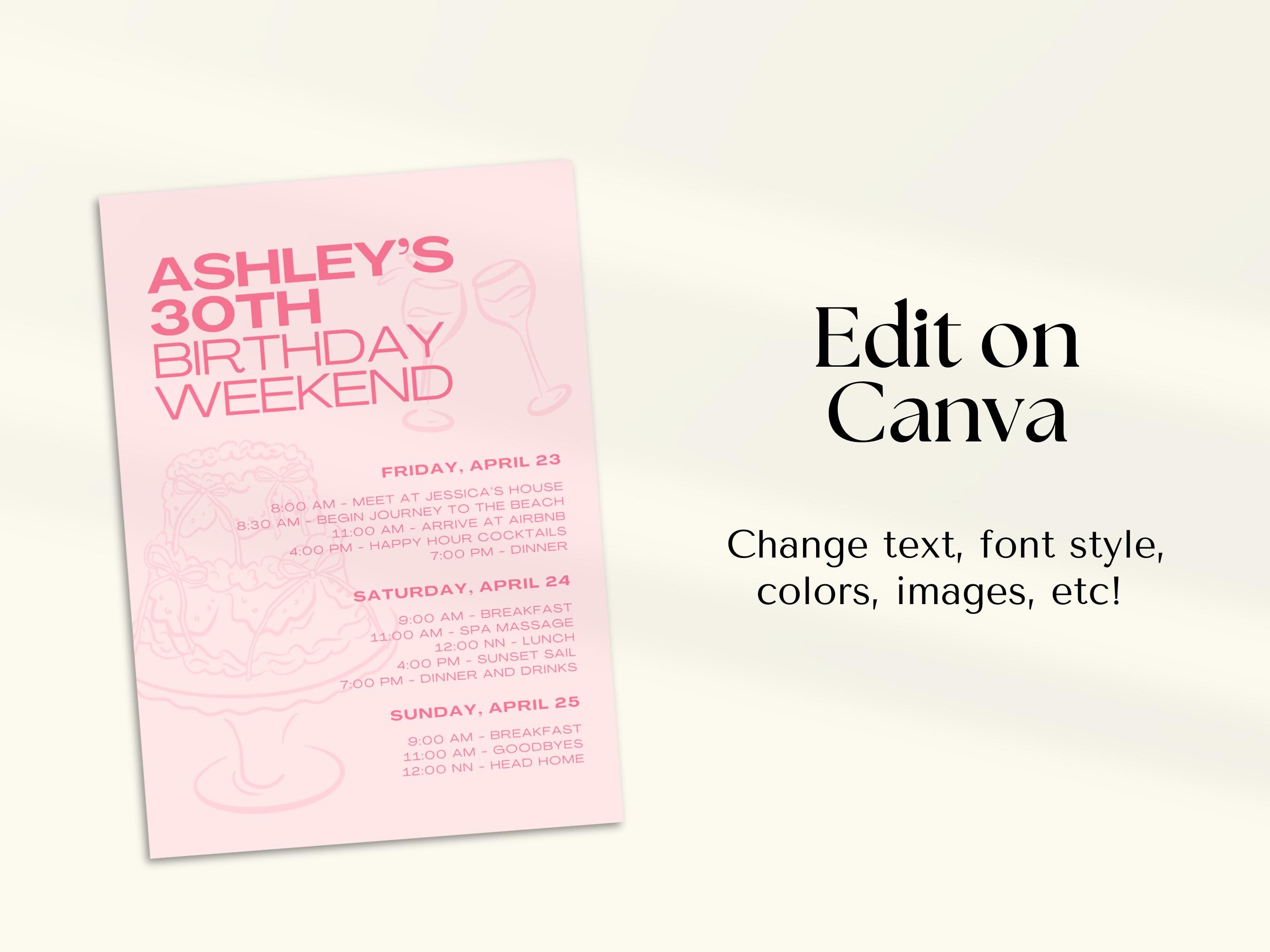 Editable Birthday Weekend Itinerary Template, Printable Birthday ...