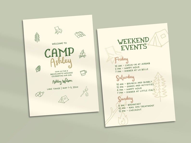 Camp Bachelorette Party Invitation and Itinerary Template Mountain ...