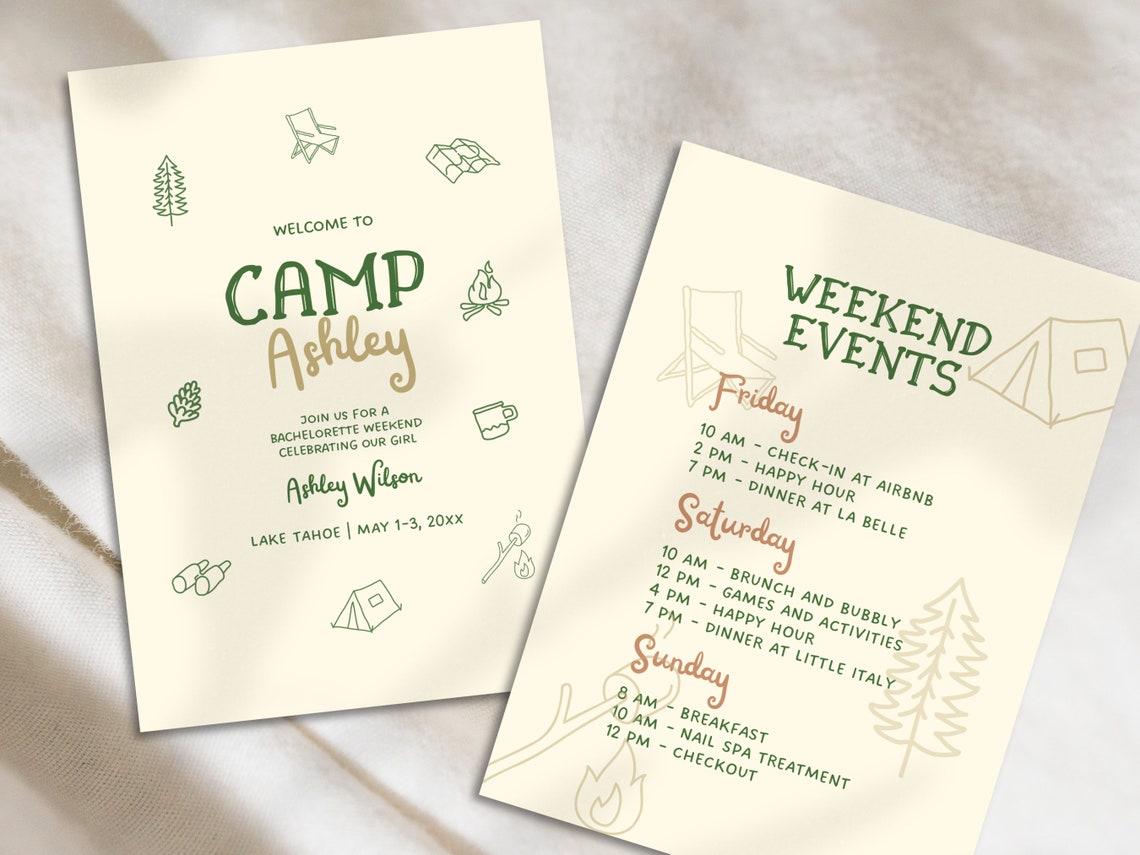 Camp Bachelorette Party Invitation and Itinerary Template Mountain ...
