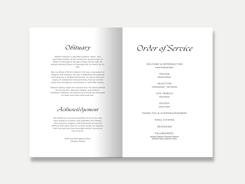 Editable Funeral Program Template Bifold Memorial Program - Etsy