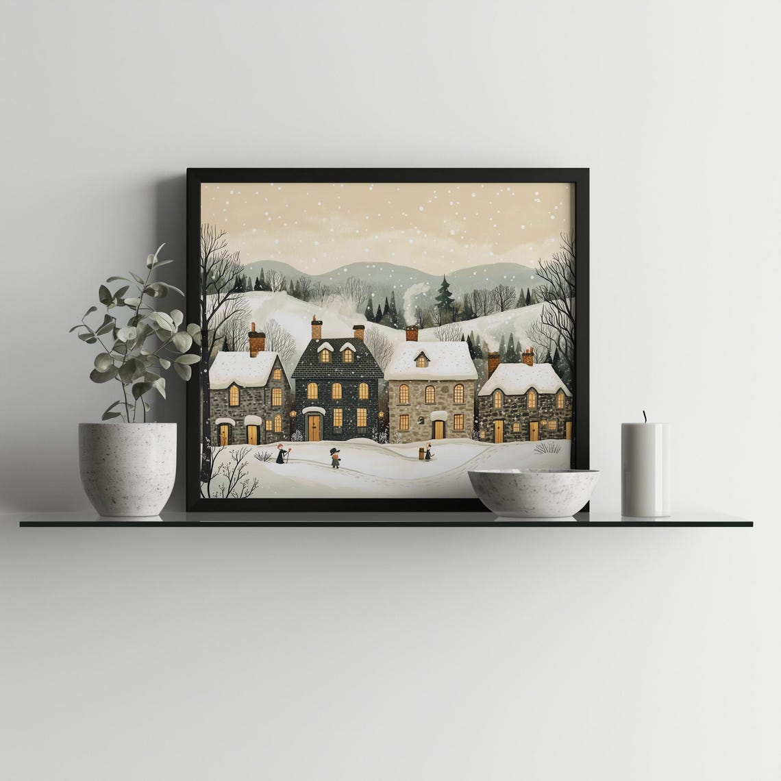 Vintage Winter Village Scene - Cozy Cottagecore Snowy Landscape, Rustic ...