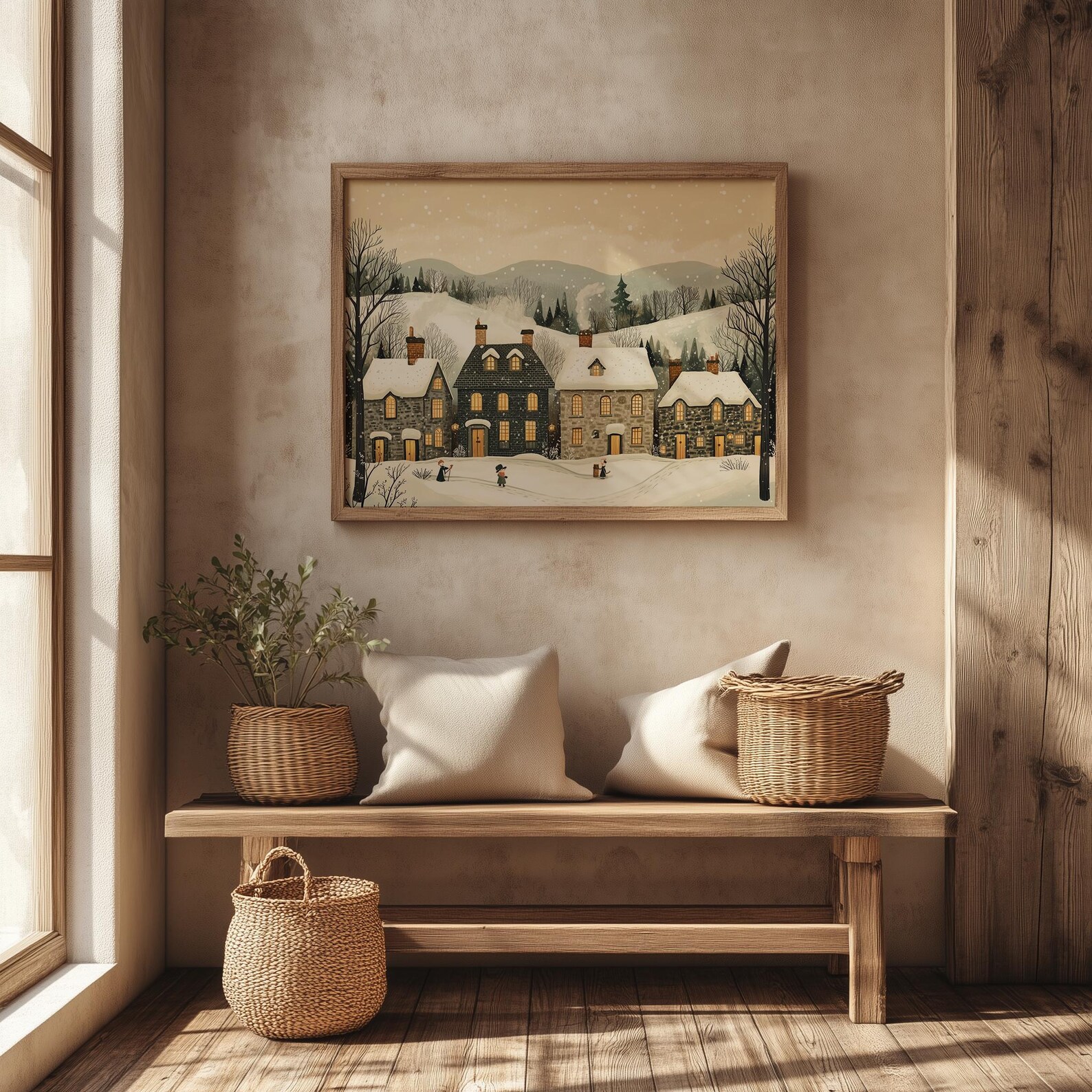 Vintage Winter Village Scene - Cozy Cottagecore Snowy Landscape, Rustic ...