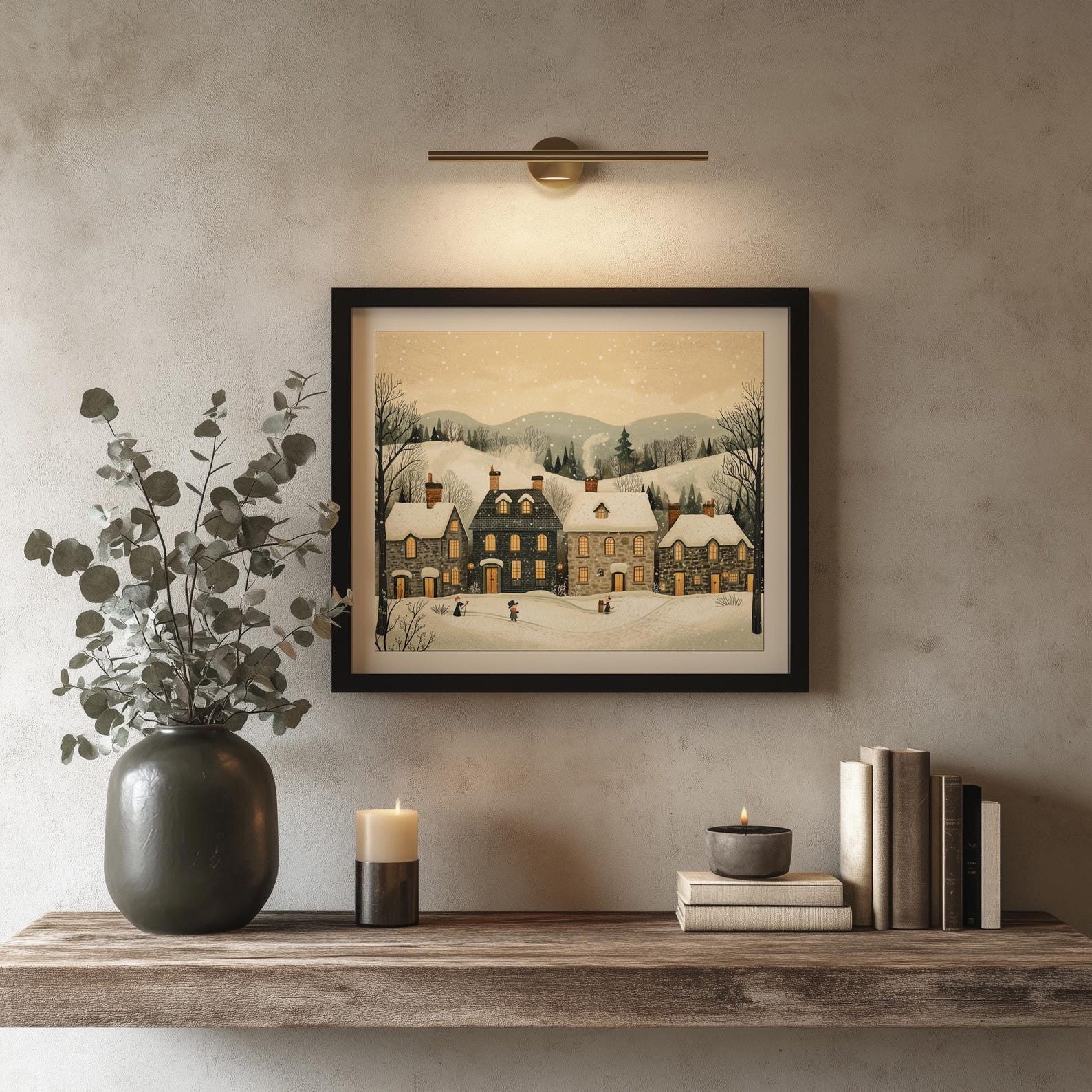Vintage Winter Village Scene - Cozy Cottagecore Snowy Landscape, Rustic ...