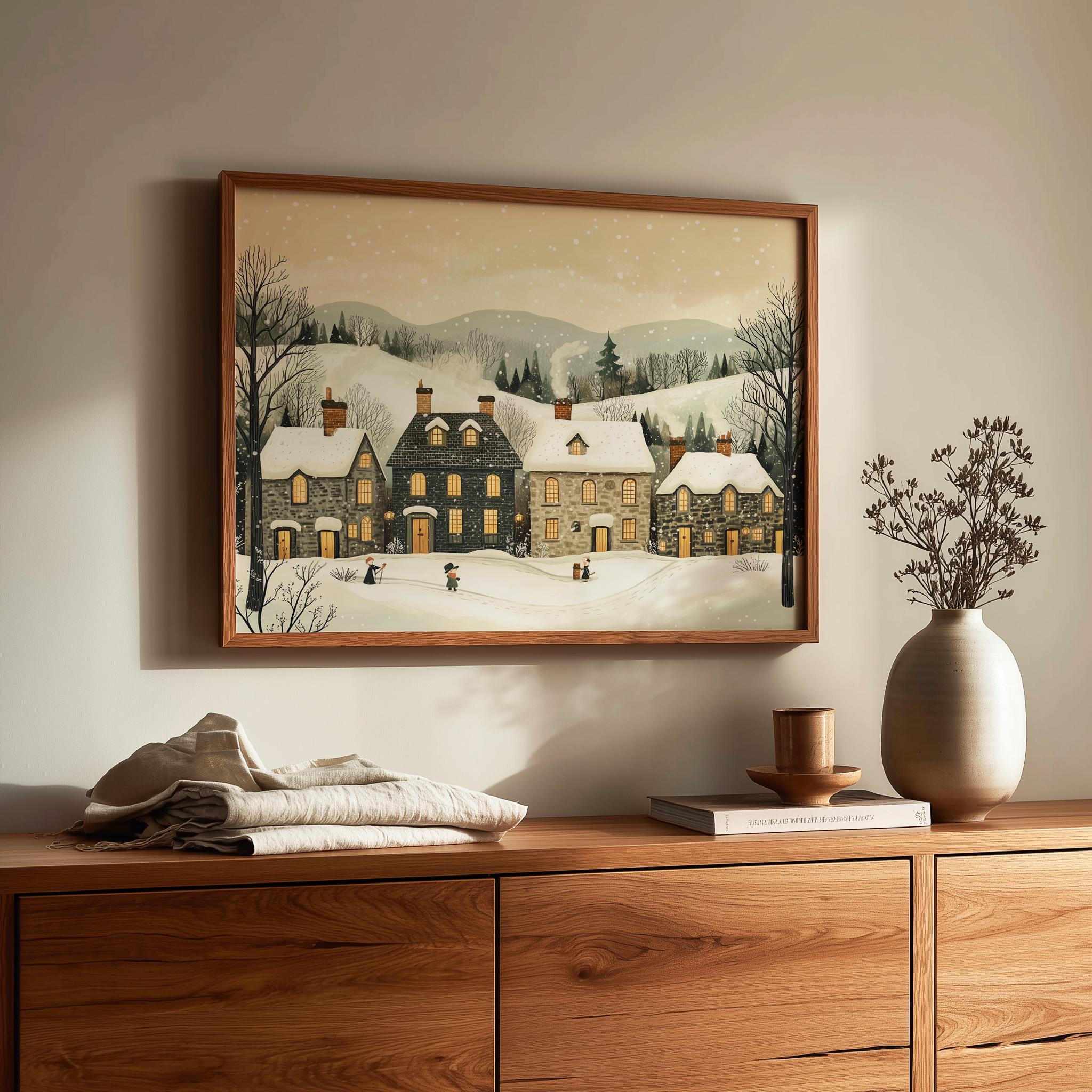 Vintage Winter Village Scene - Cozy Cottagecore Snowy Landscape, Rustic ...