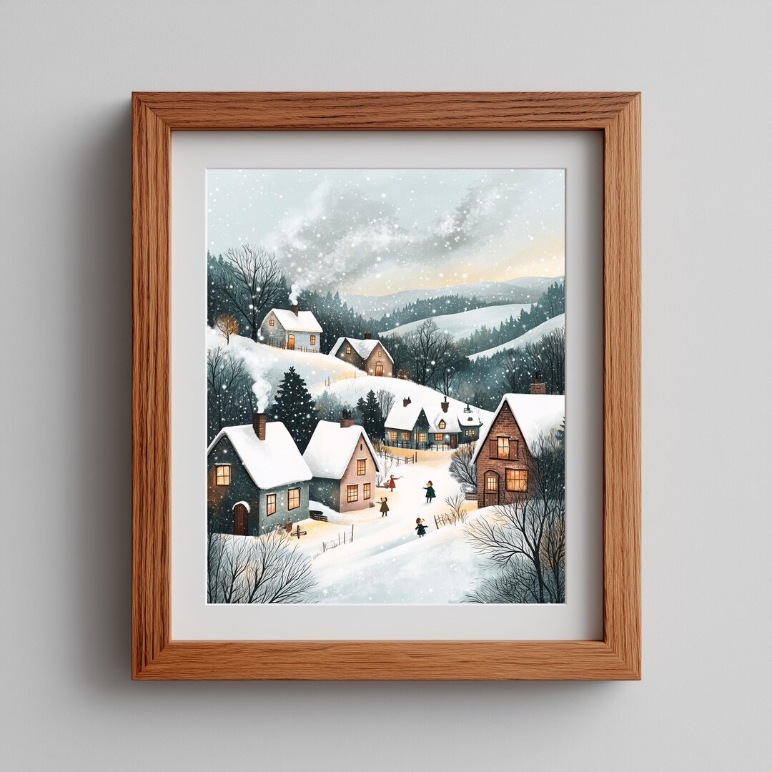 Vintage Winter Village Printable - Cozy Cottagecore Painting of Snow ...