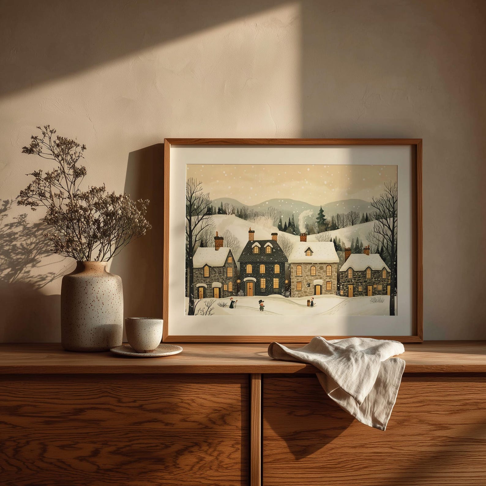 Vintage Winter Village Scene - Cozy Cottagecore Snowy Landscape, Rustic ...