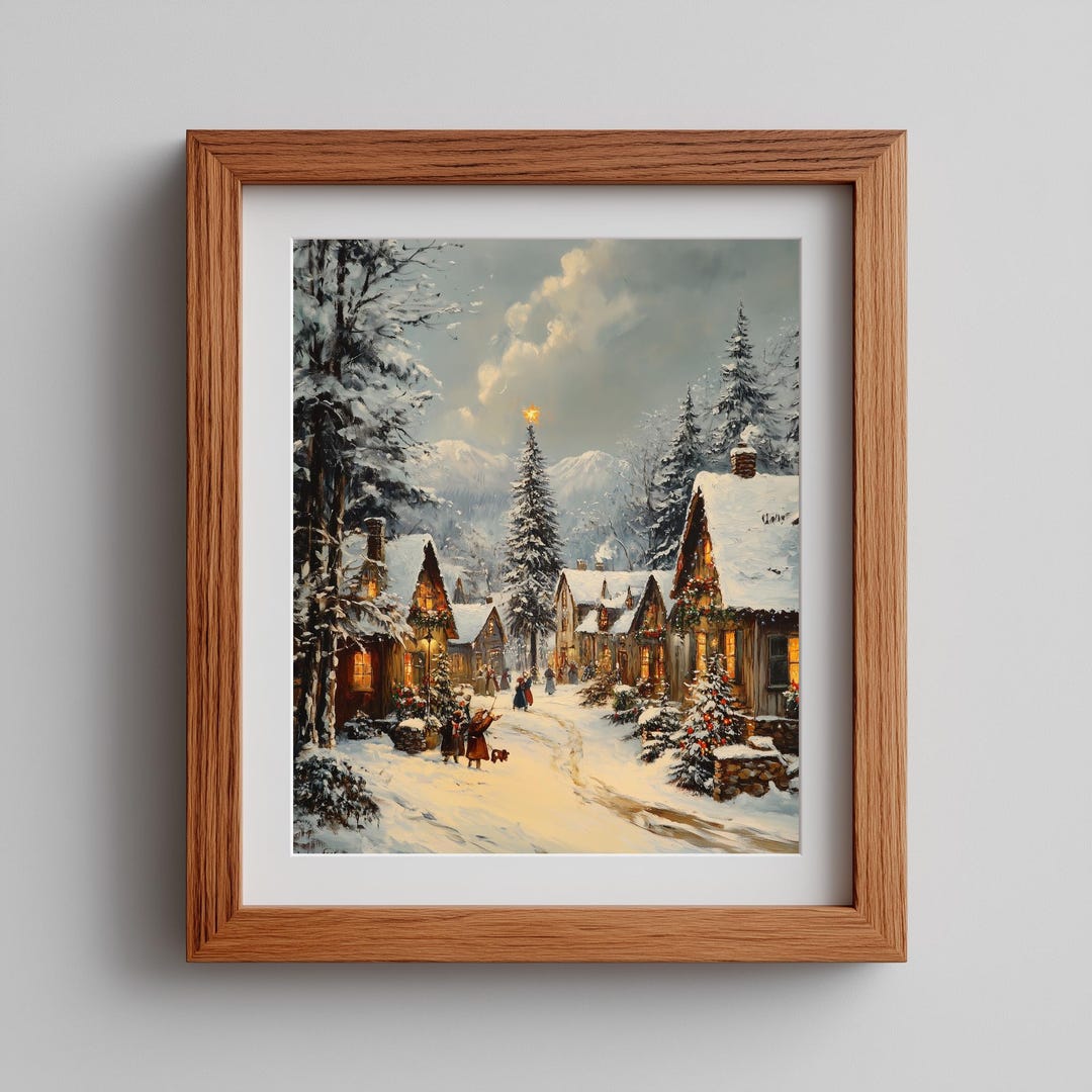 Vintage Christmas Village Painting - Charming Snowy Cottage Scene, Cozy ...