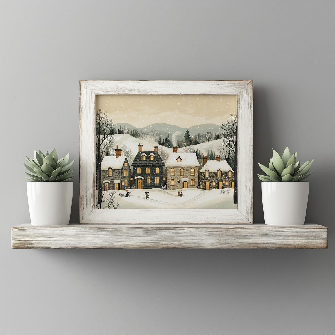 Vintage Winter Village Scene - Cozy Cottagecore Snowy Landscape, Rustic ...