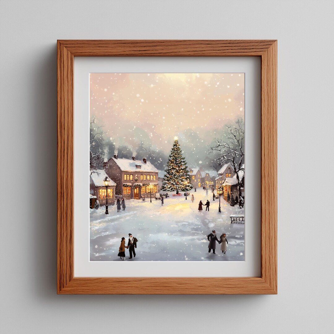 Vintage Christmas Village Square Scene - Festive Winter Holiday Art ...