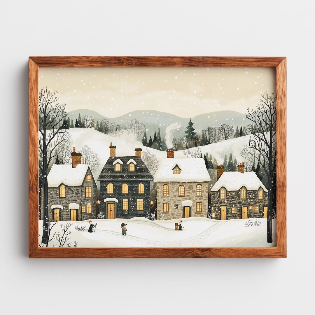 Vintage Winter Village Scene - Cozy Cottagecore Snowy Landscape, Rustic ...