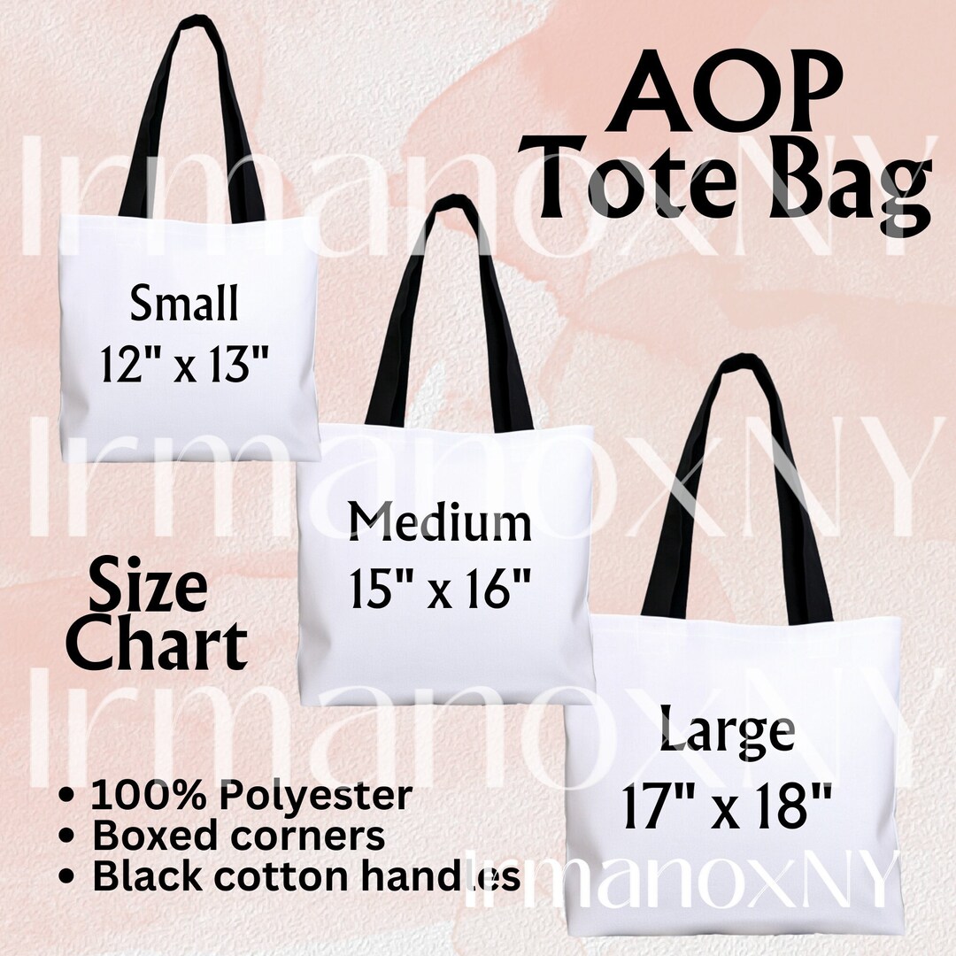 AOP Tote Size Chart Mockup All Over Print Bags Mockup Print on Demand Brand Printify Tote Bag ...
