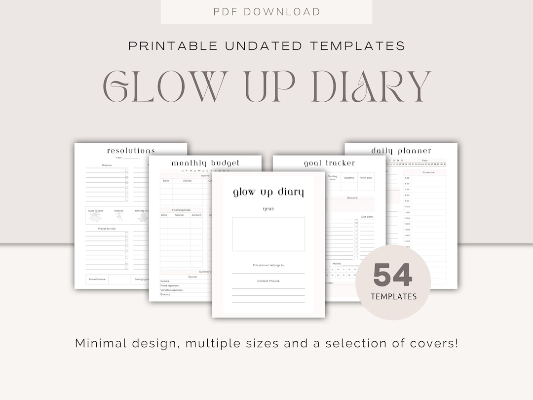 PRINTABLE Glow up Diary Undated Templates | A4, A5, US Letter, US Half ...
