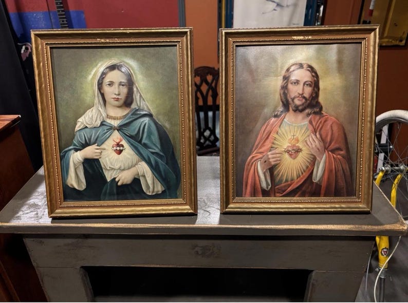 Vintage Sacred Heart of Jesus & Immaculate Heart of Mary 3D Relief Wall ...
