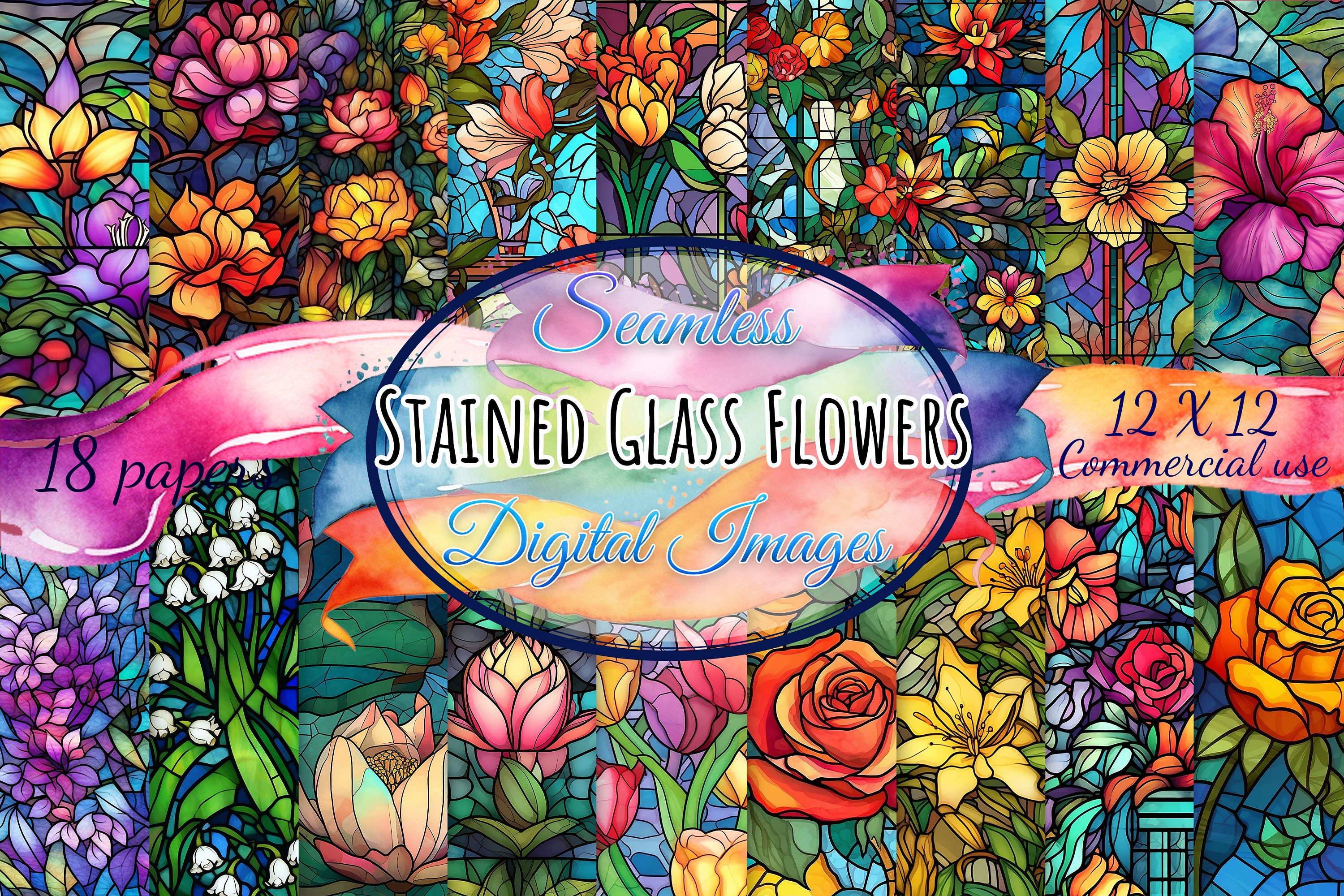 18 Stained Glass Flowers Digital Paper, Stained Glass Flowers Seamless ...