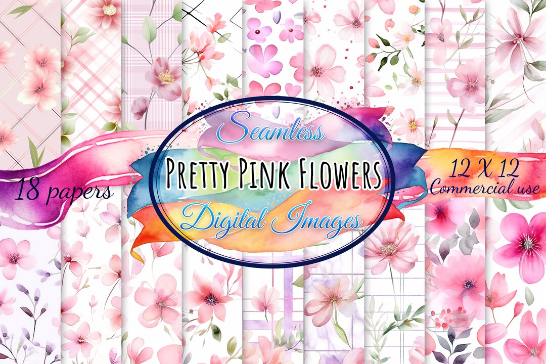 18 Pretty Pink Flowers Digital Paper, Pink Flowers Seamless Pattern ...