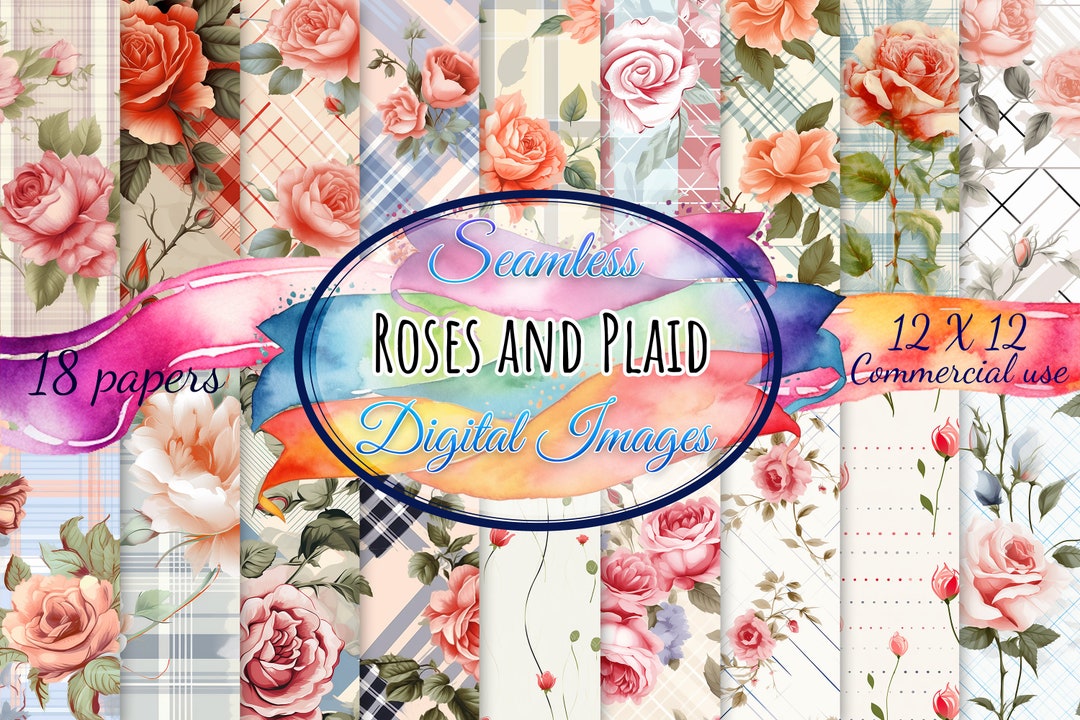 18 Watercolor Roses and Plaid Digital Paper, Seamless Pattern, Floral ...