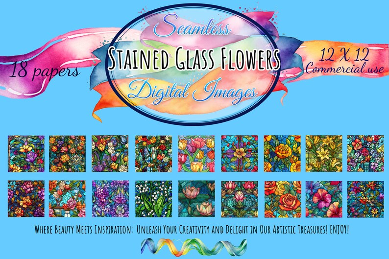 18 Stained Glass Flowers Digital Paper, Stained Glass Flowers Seamless ...