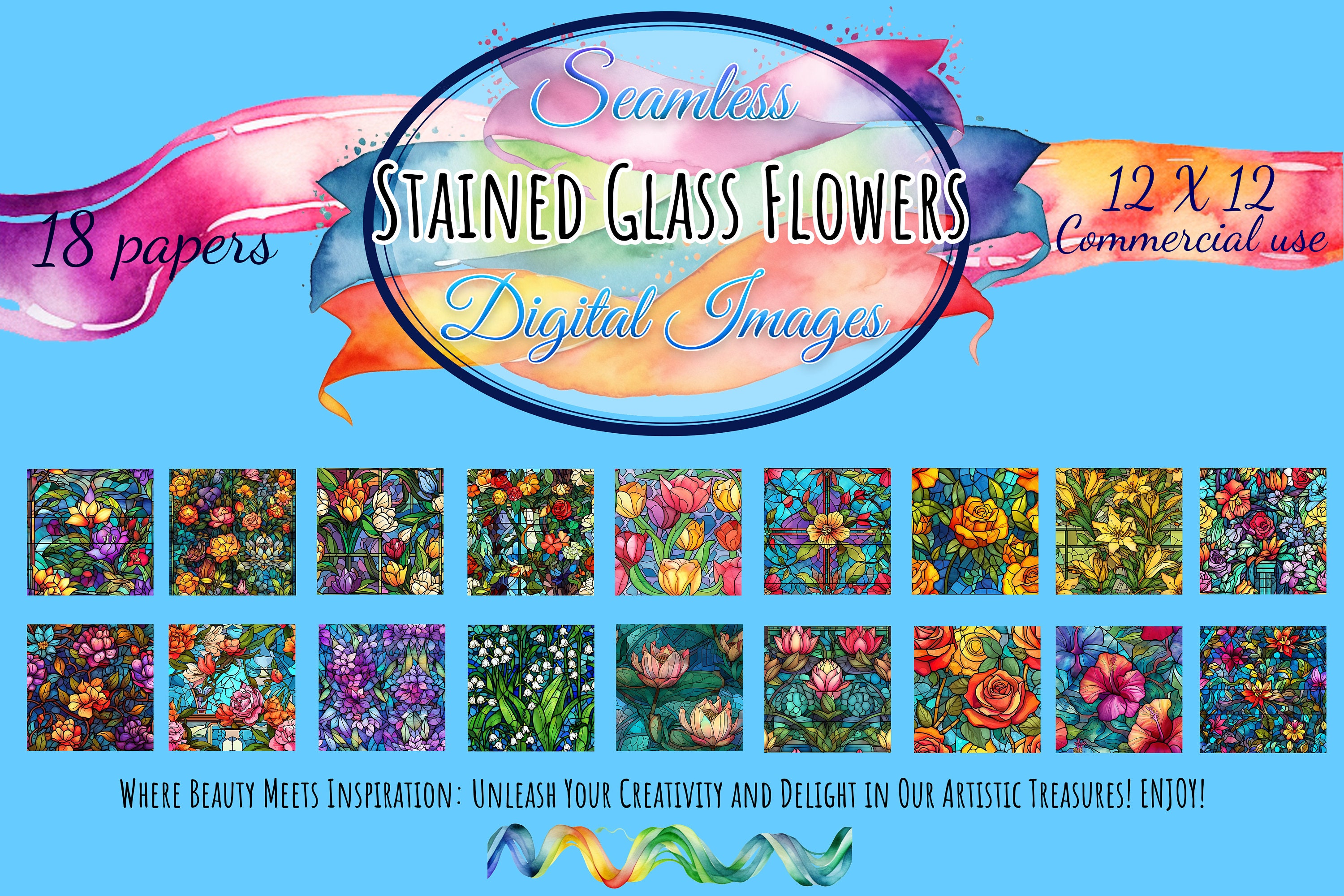 18 Stained Glass Flowers Digital Paper, Stained Glass Flowers Seamless ...