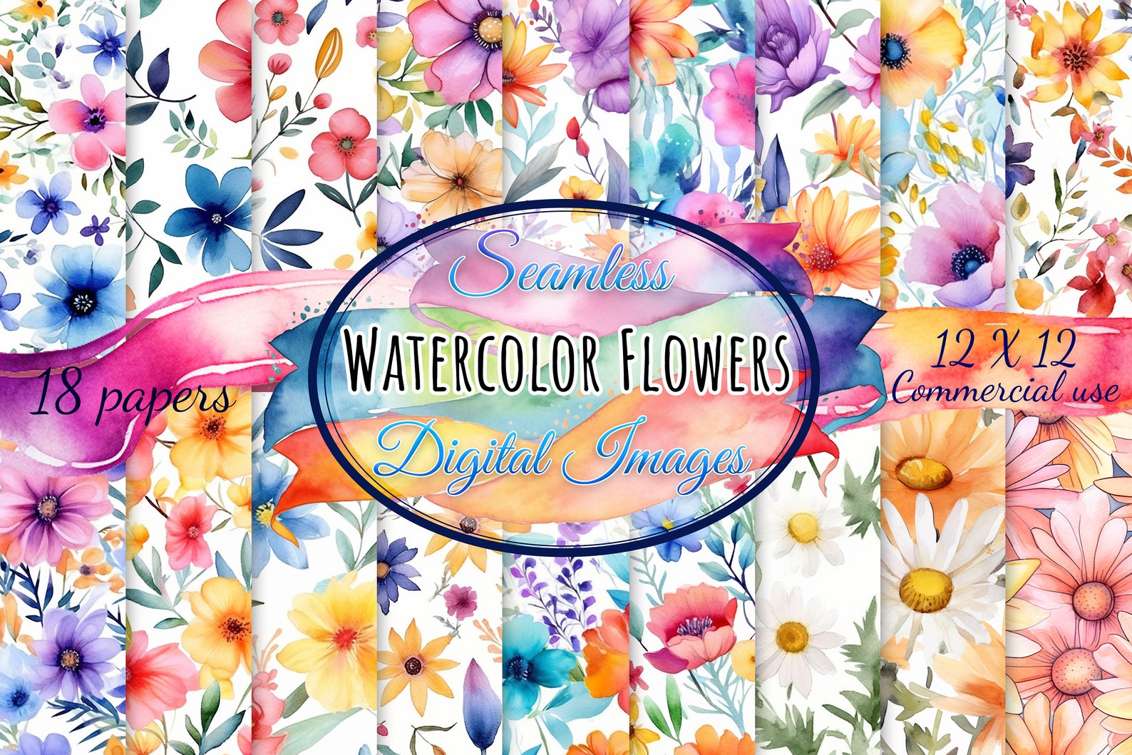18 Watercolor Flowers Digital Paper, Watercolor Flowers Seamless ...