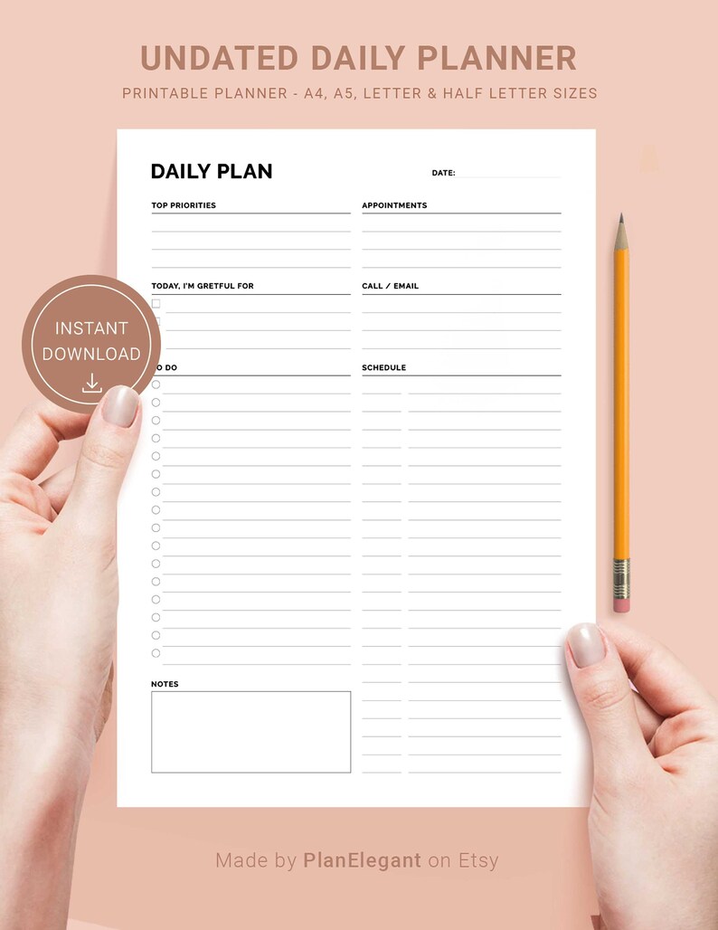 Minimalist Daily Planner Printable, Undated Daily Planner, Printable ...