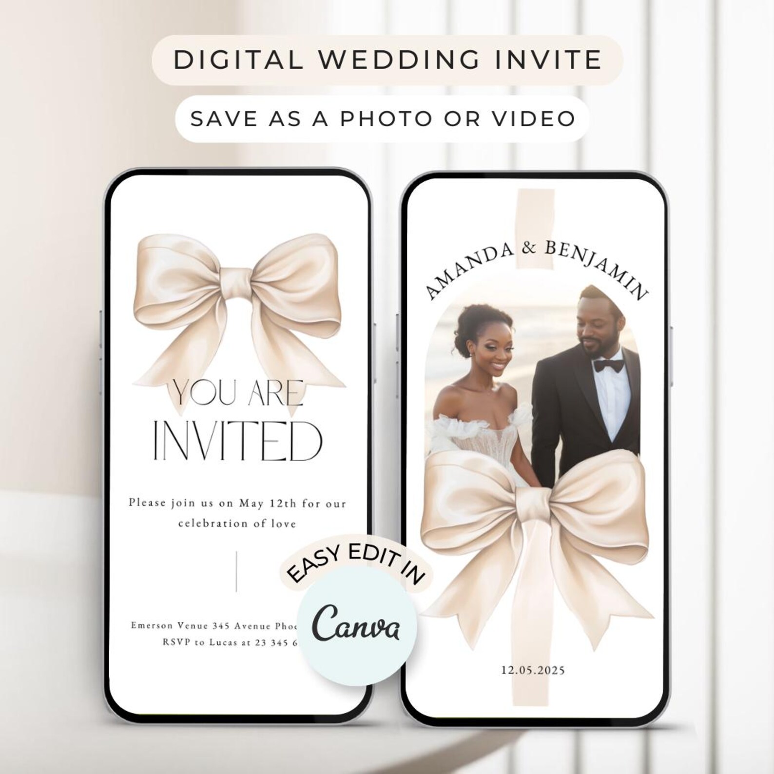 Digital Wedding Invitation Canva. Save the Date Template. Whatsapp ...