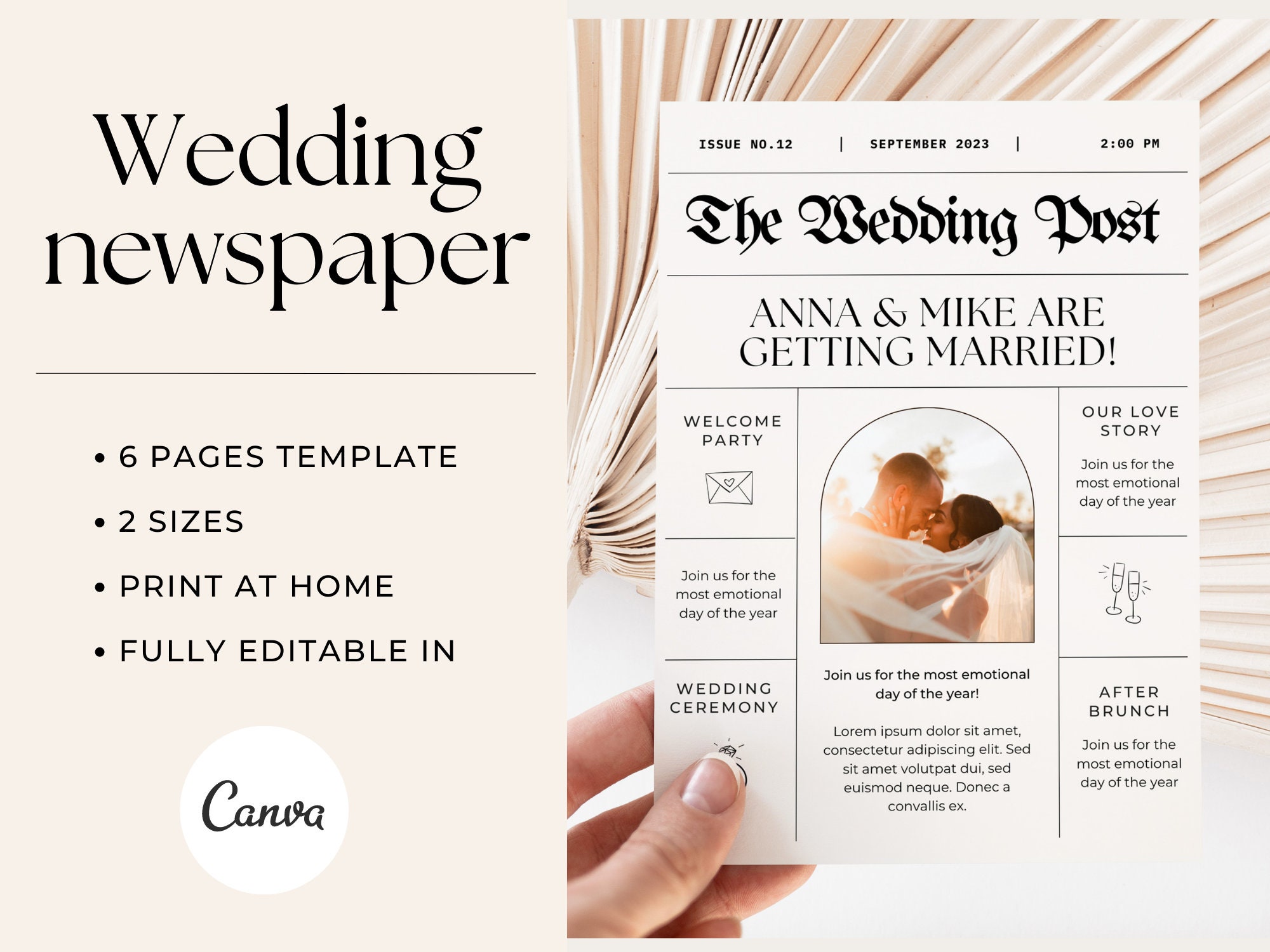 Periódico de Boda, Plantilla editable en Canva en 2 tamaños - Etsy España