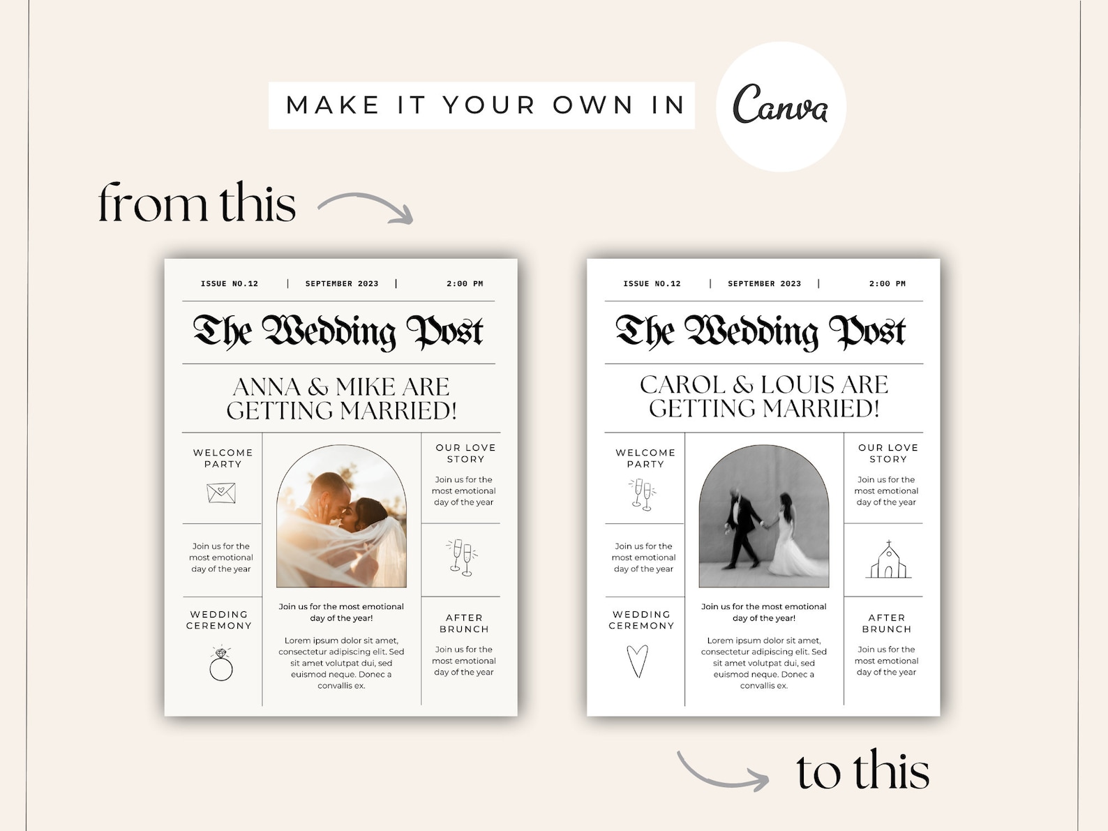 Periódico de Boda, Plantilla editable en Canva en 2 tamaños - Etsy España