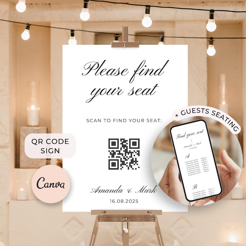 Digital Seating Chart With QR Code Sign Template. Canva Wedding Seating ...