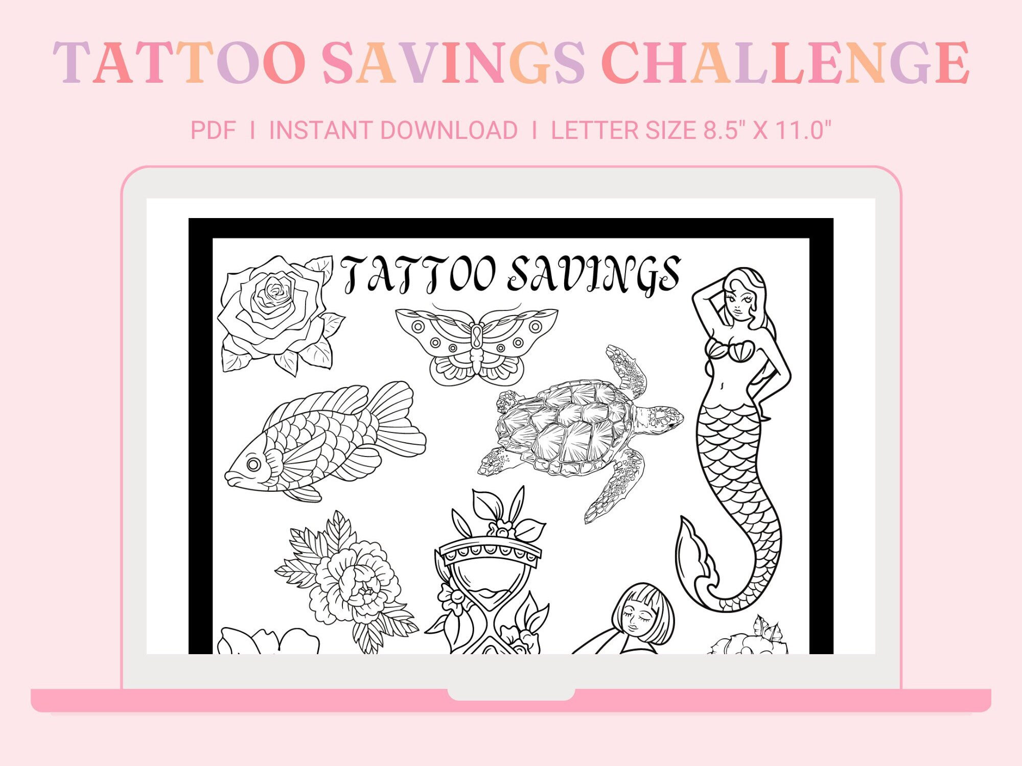 Tattoo Savings Challenge Tracker! Tattoo Color & Save, PDF Download 8.5 ...