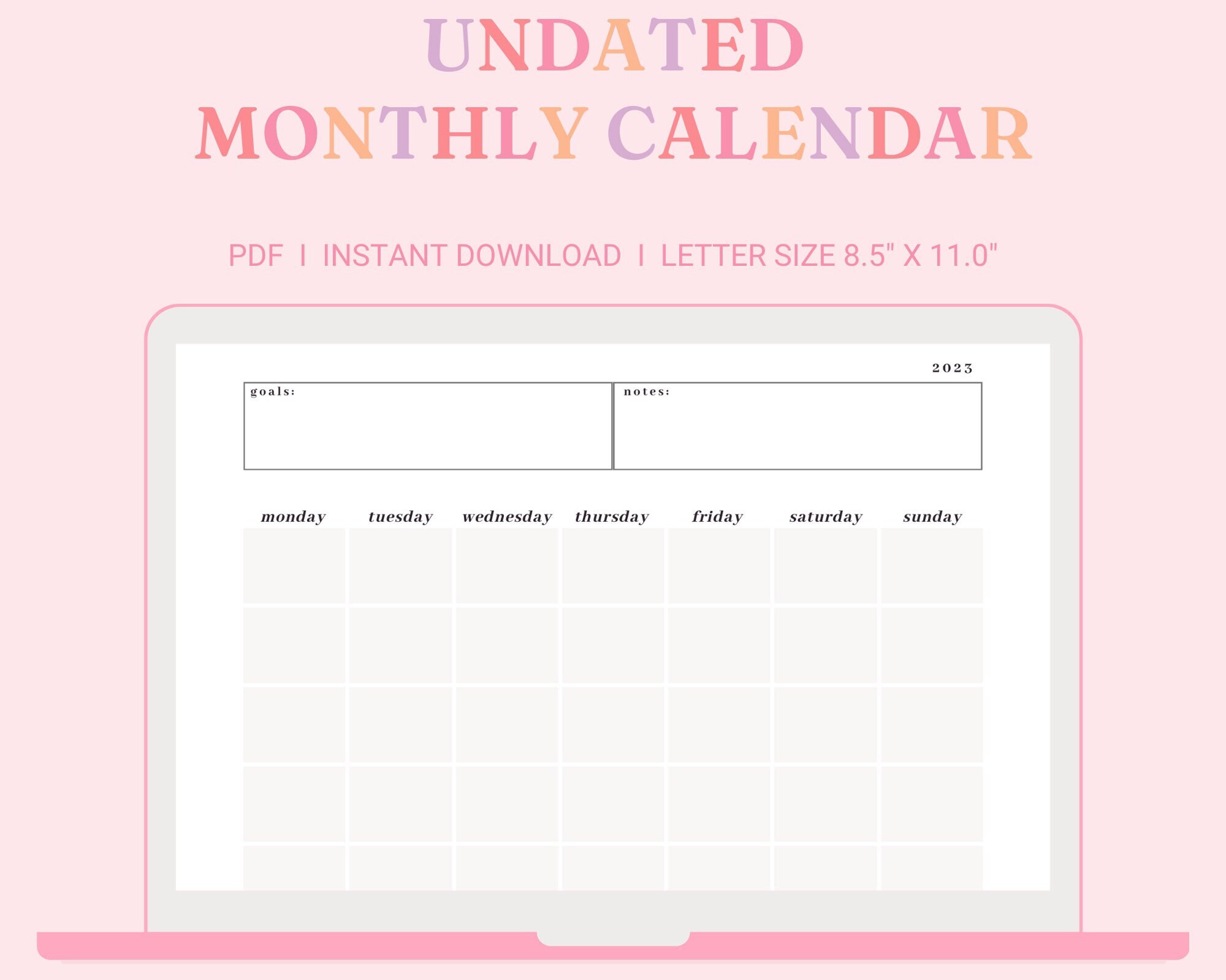 Blank Monthly Calendar Printable Undated Monthly Calendar - Etsy