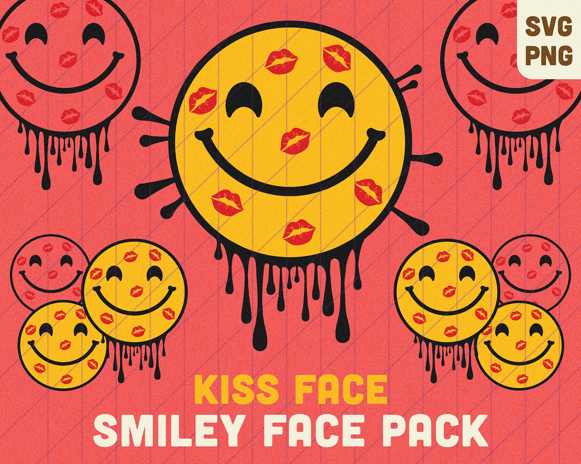 Kiss Smiley Face Pack 6 Custom SVG & PNG Cut File Variations, Perfect ...