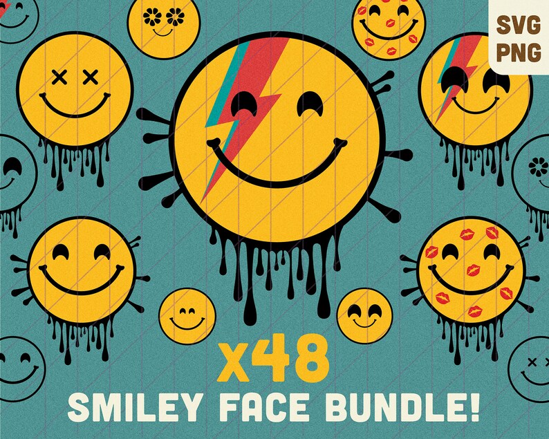 Retro Smiley Face Bundle 48 SVG & PNG Cut File Variations, Perfect for ...