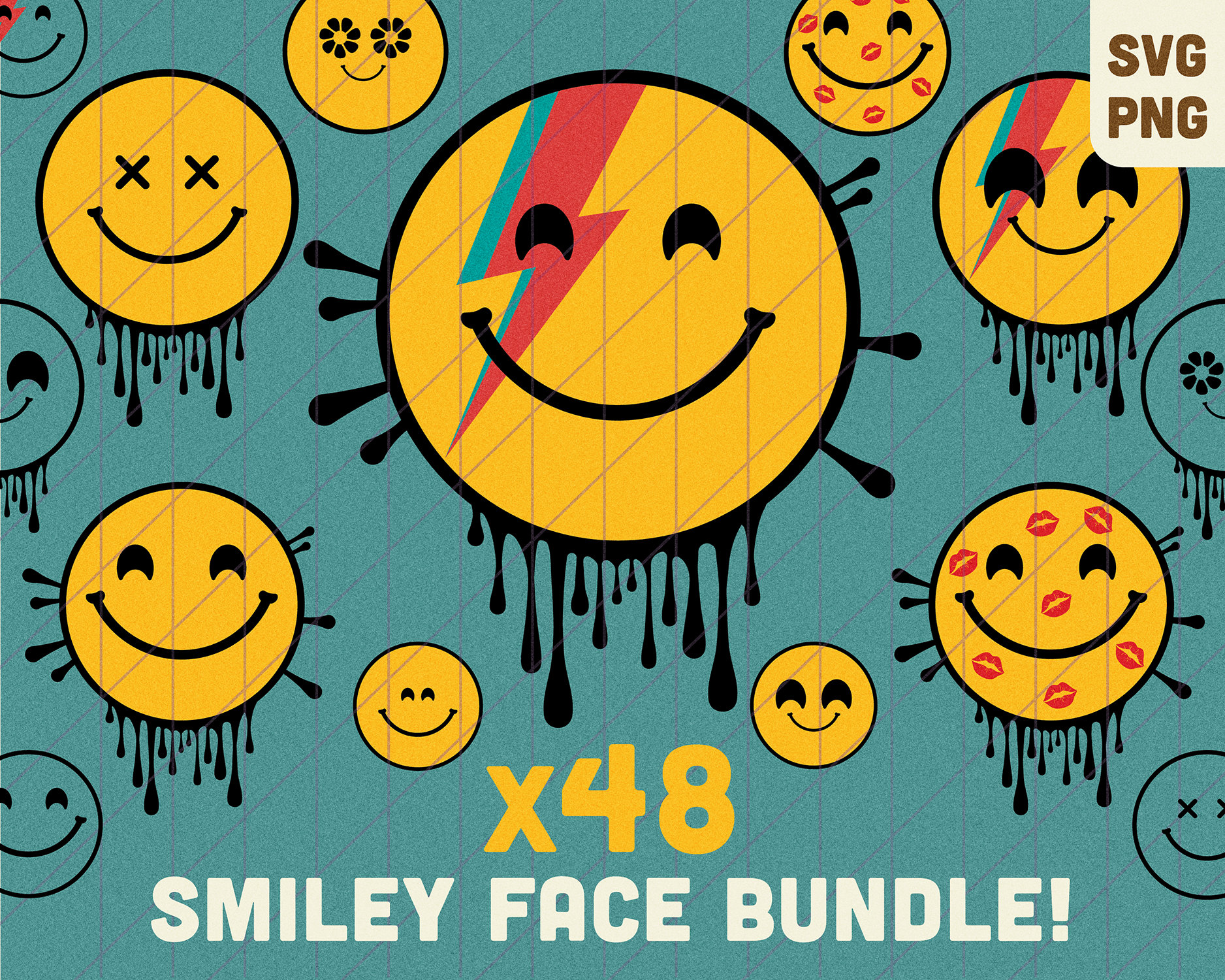 Retro Smiley Face Bundle 48 SVG & PNG Cut File Variations - Etsy