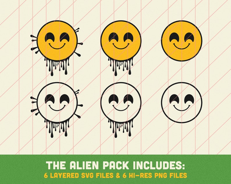 Retro Alien Smiley Face Pack 6 Custom SVG & PNG Cut File Variations ...