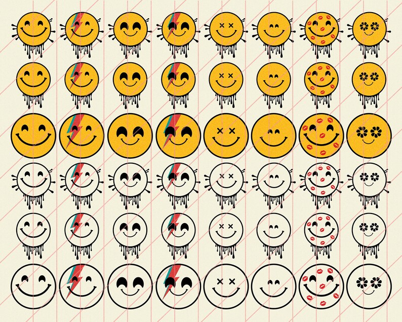 Retro Smiley Face Bundle 48 SVG & PNG Cut File Variations, Perfect for ...