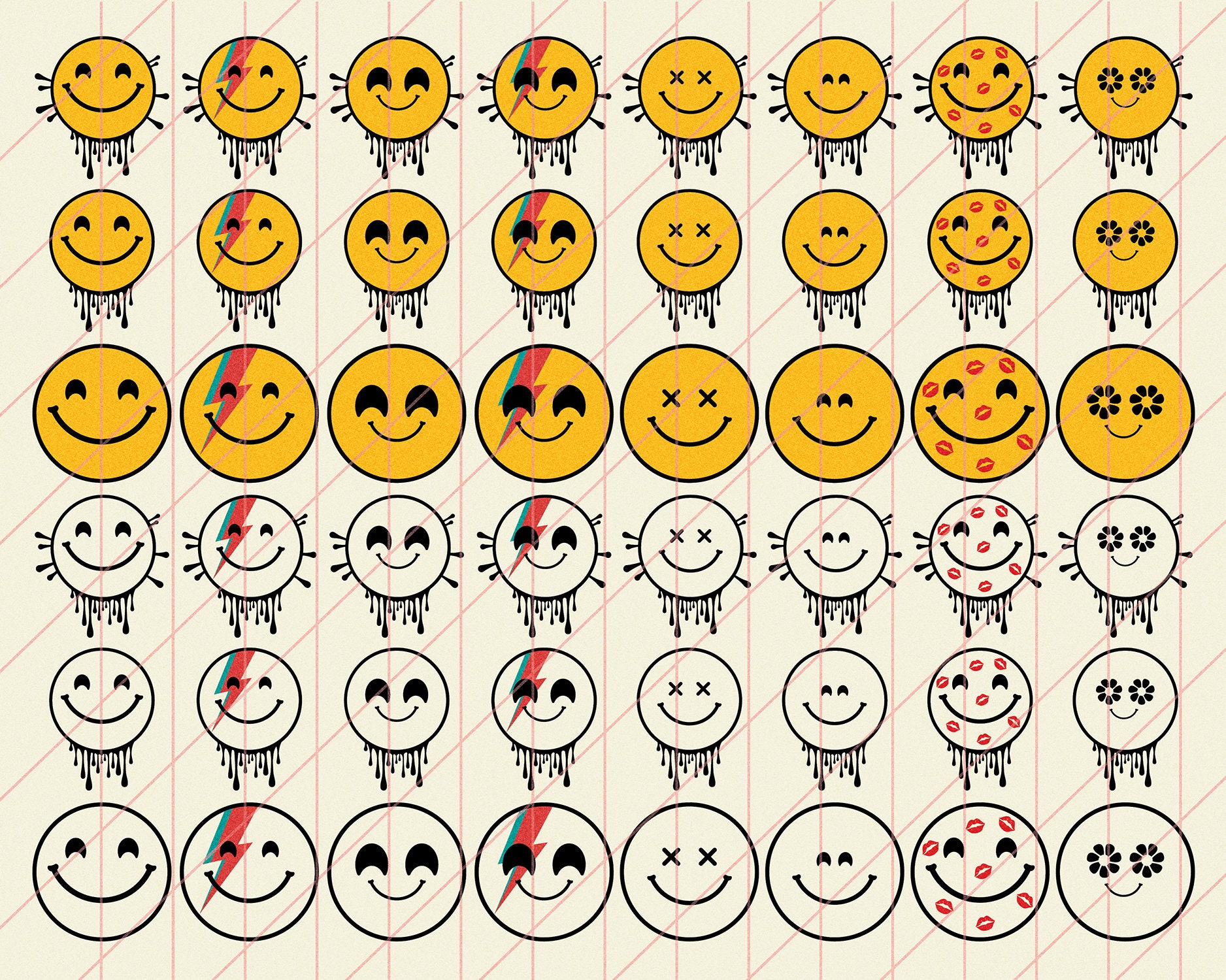 Retro Smiley Face Bundle 48 SVG & PNG Cut File Variations, Perfect for ...